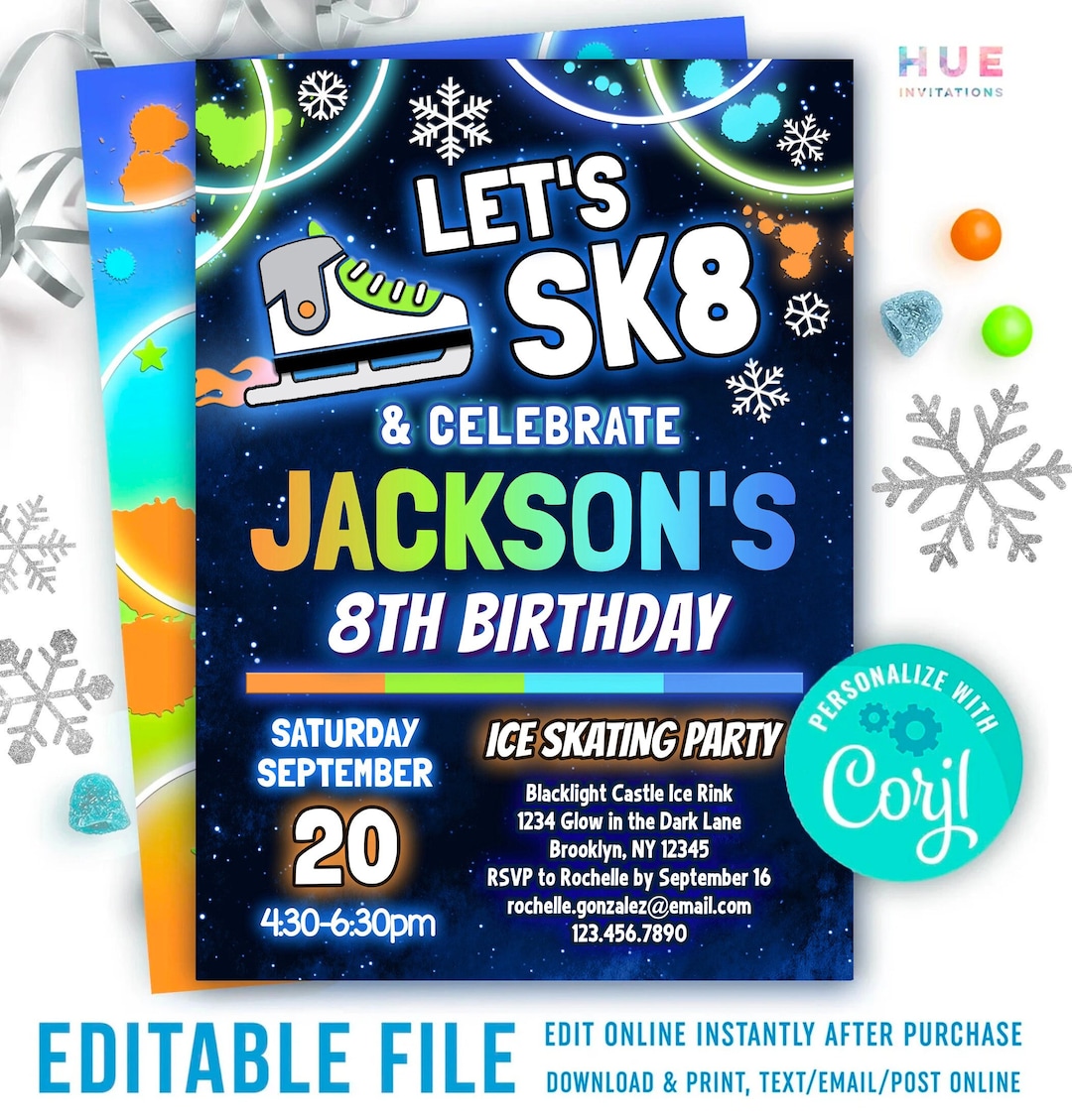 Boys ICE SKATING Birthday Invitation Editable Template | Glow Sk8 ...