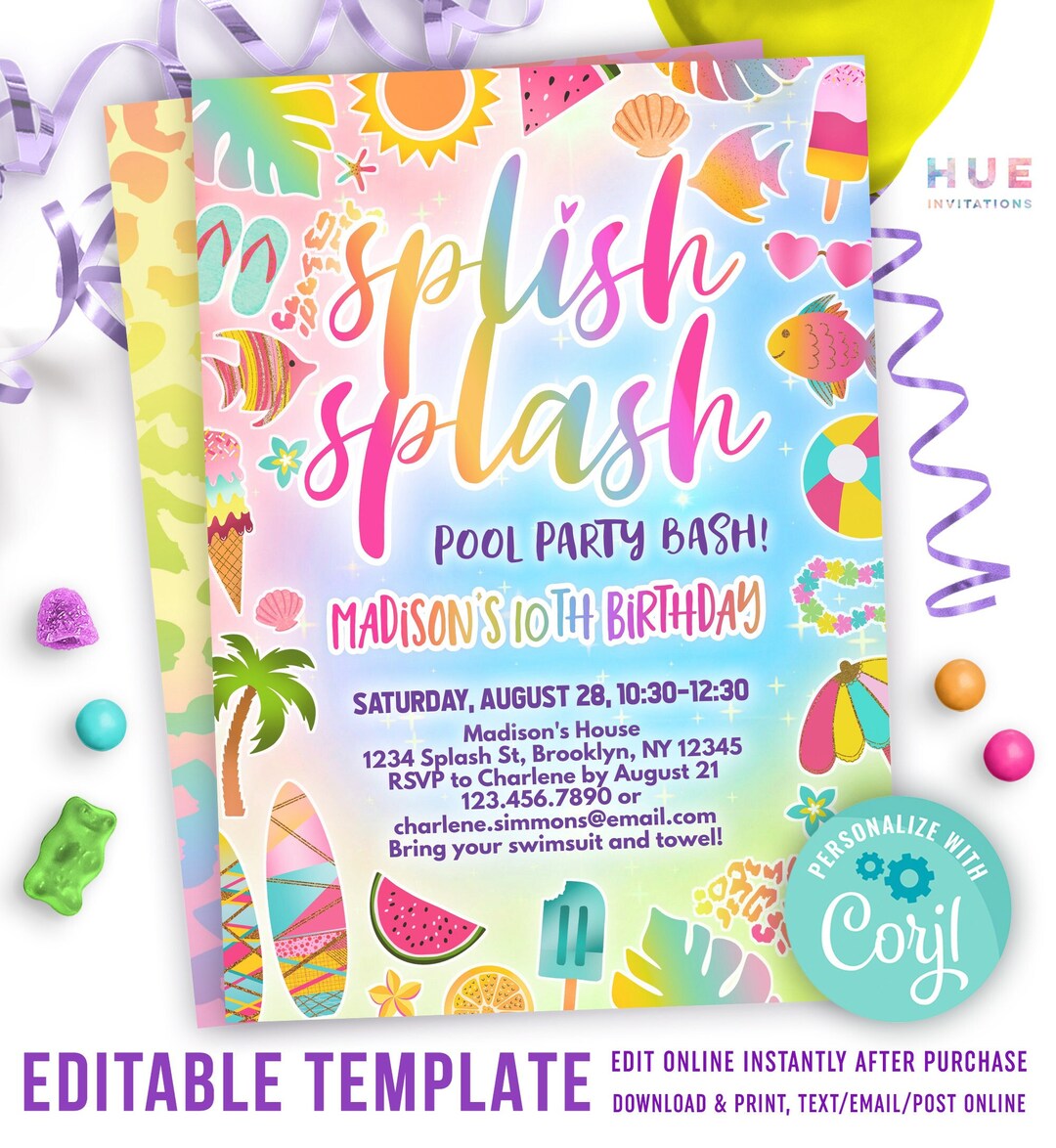 Splish Splash Pool Party Birthday Invitation for Girls | Colorful Pool ...