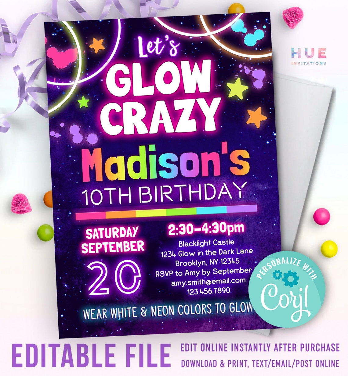 Let's Glow Crazy Birthday Party Invitation Editable - Etsy