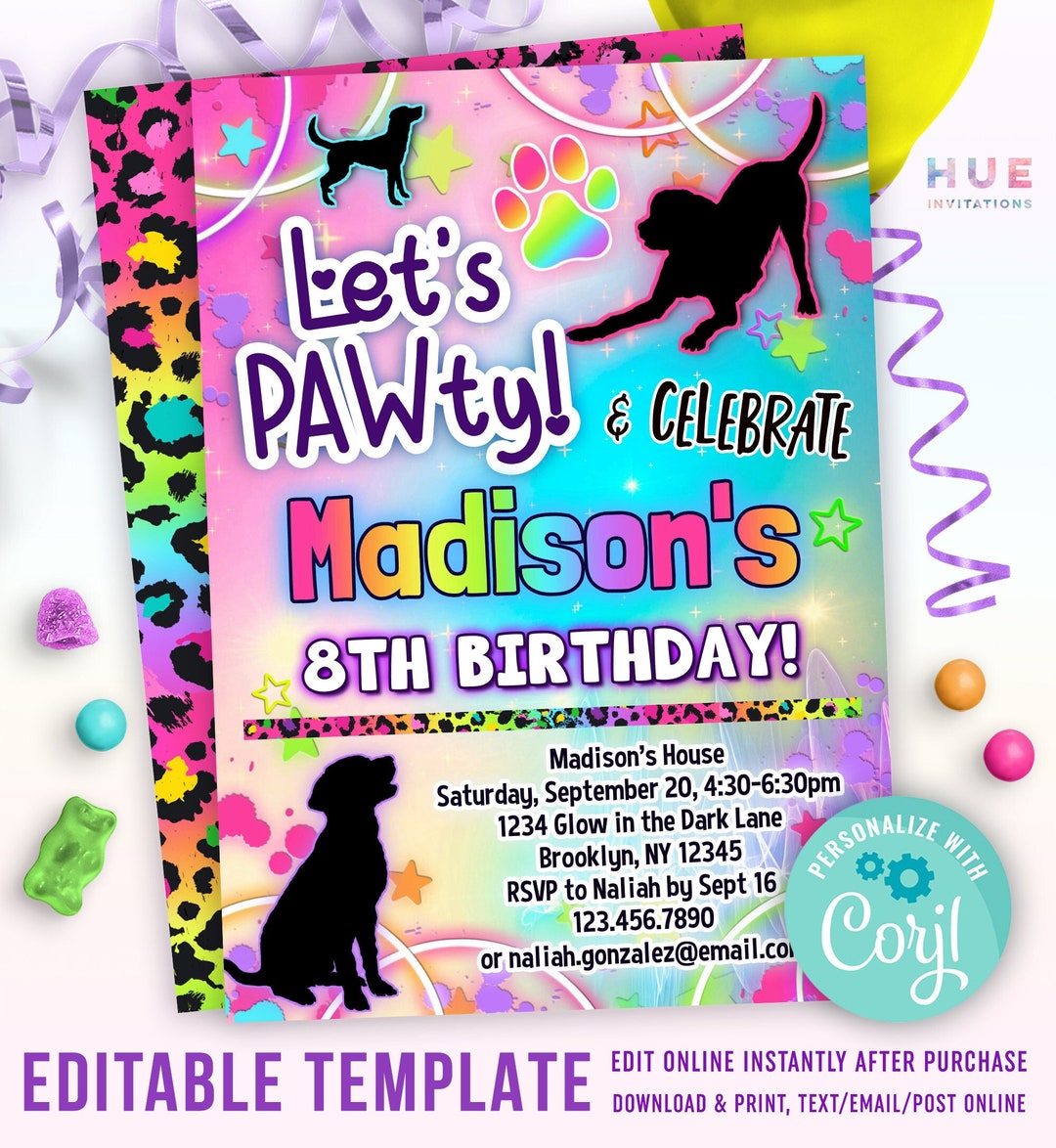 Rainbow Black Lab Birthday Party Invitation Cute Labrador Dog Pawty ...