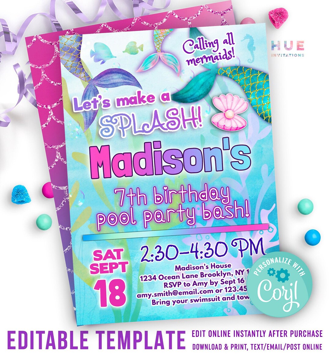 Mermaid Pool Party Invitation Editable Template | Under the Sea Cute ...