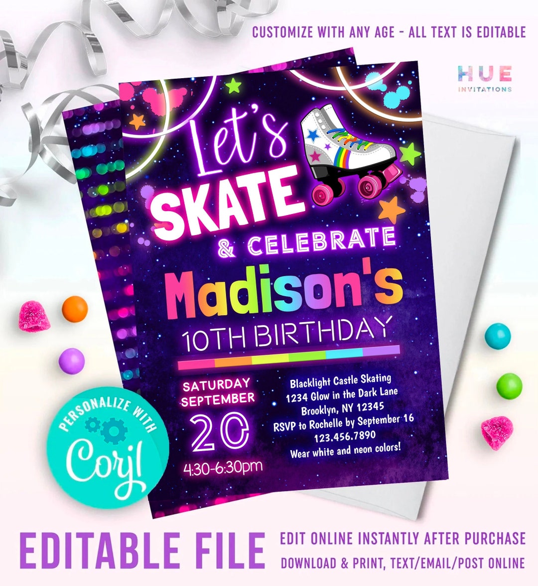 Glow Roller Skating Birthday Invitation Skate & Celebrate Neon Disco ...
