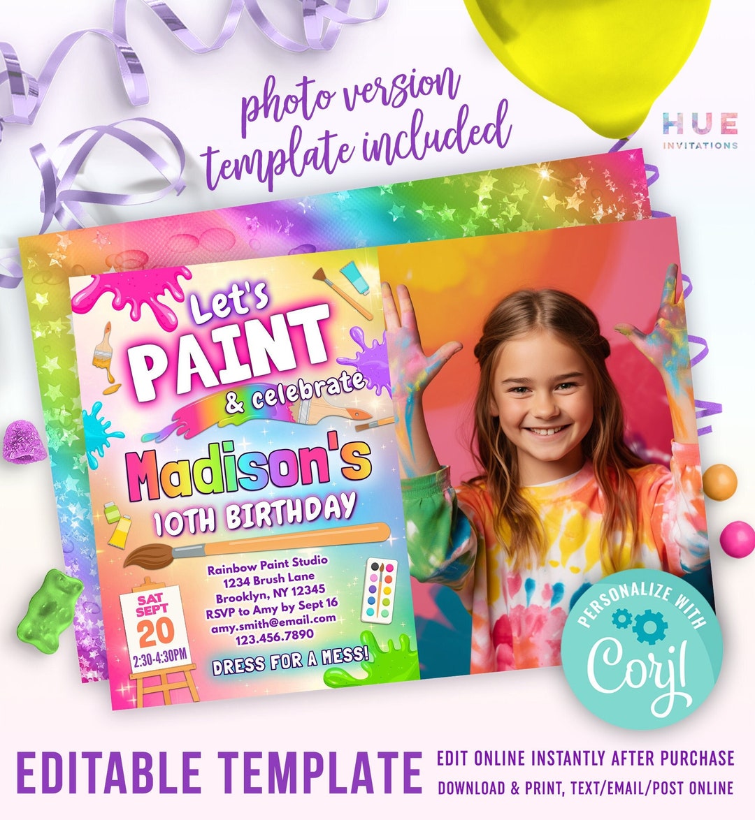 Rainbow Paint Party Invitation With a Photo | Girls Paint & Celebrate ...