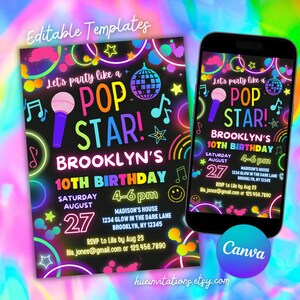 Pop Star Birthday Invitation Editable With Canva | Rainbow Music Theme ...