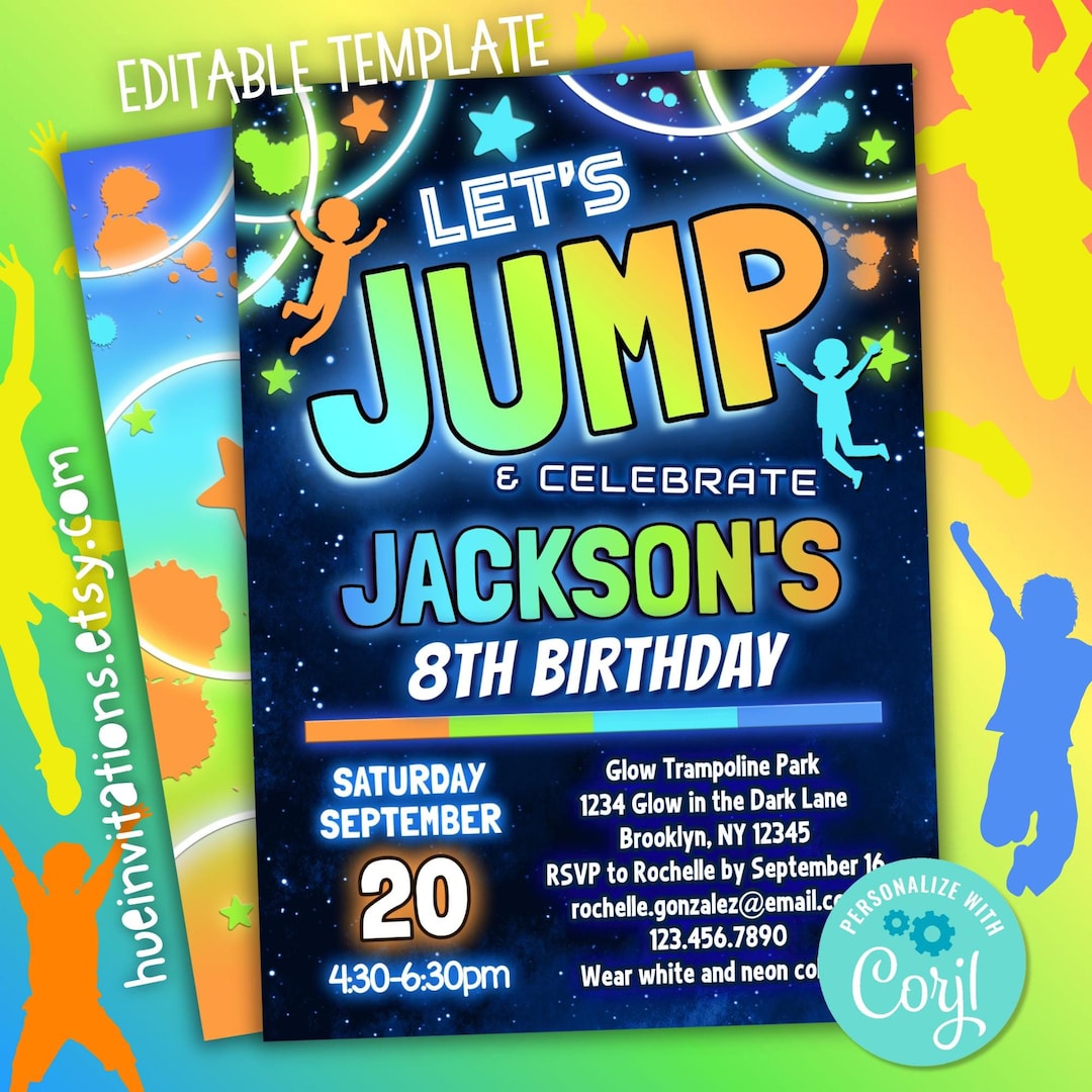 Boys Jump Party Birthday Invitation | Neon Glow Jump & Celebrate ...