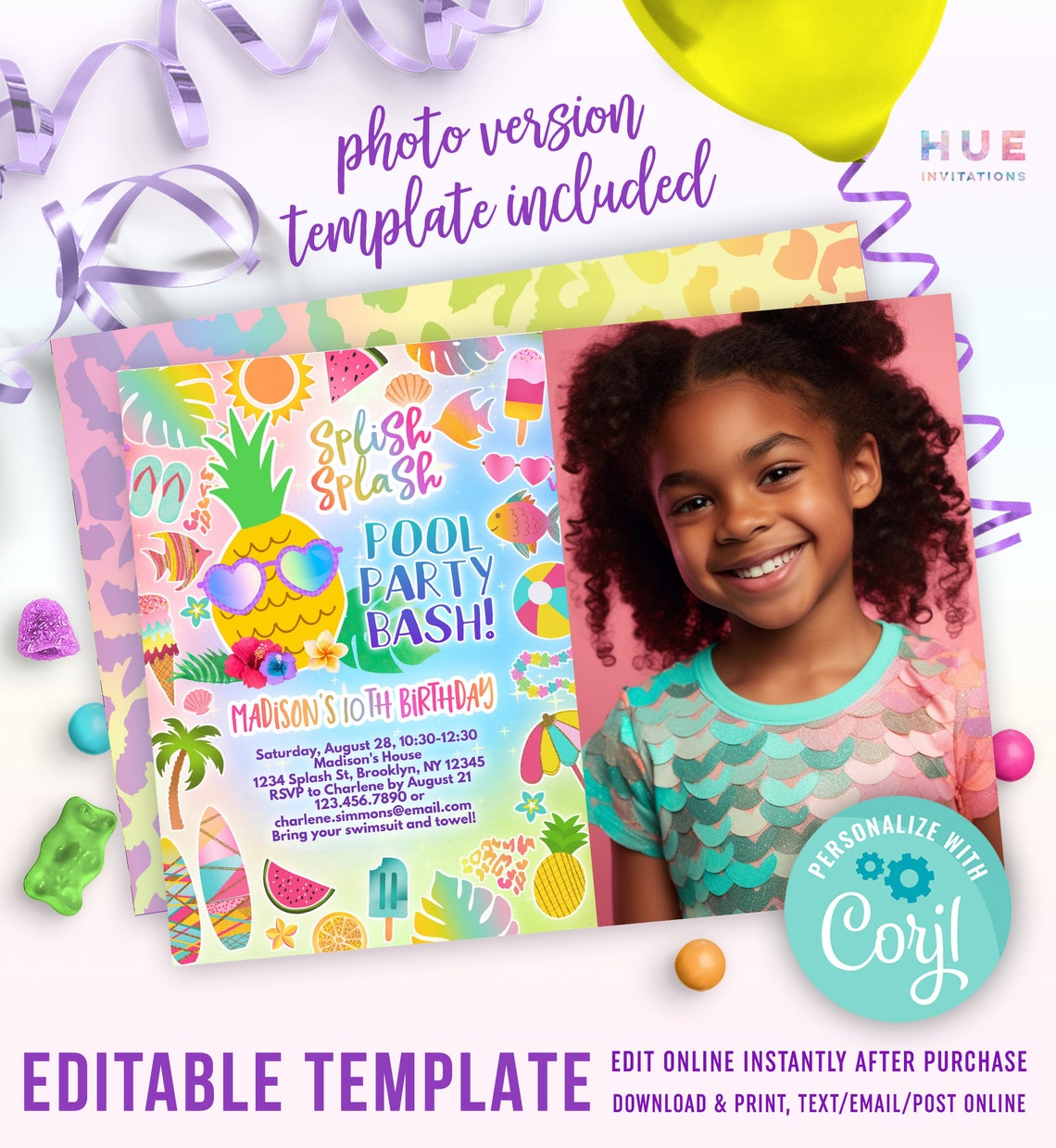 Pineapple Pool Party Birthday Invitation | Splish Splash Hawaiian Theme ...