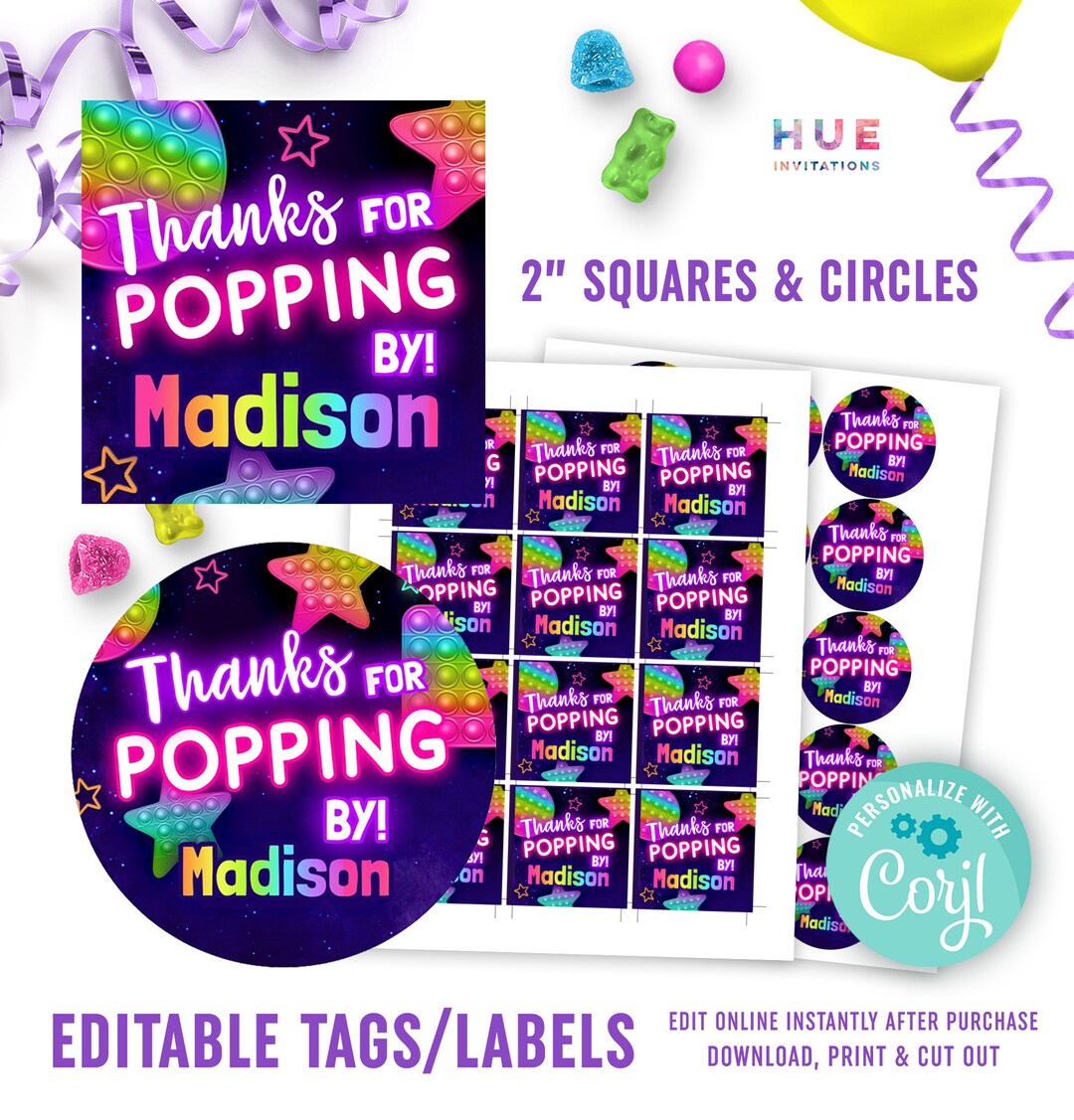 Pop Fidget Birthday Party Favor Tags or Labels Instant Download Thanks ...