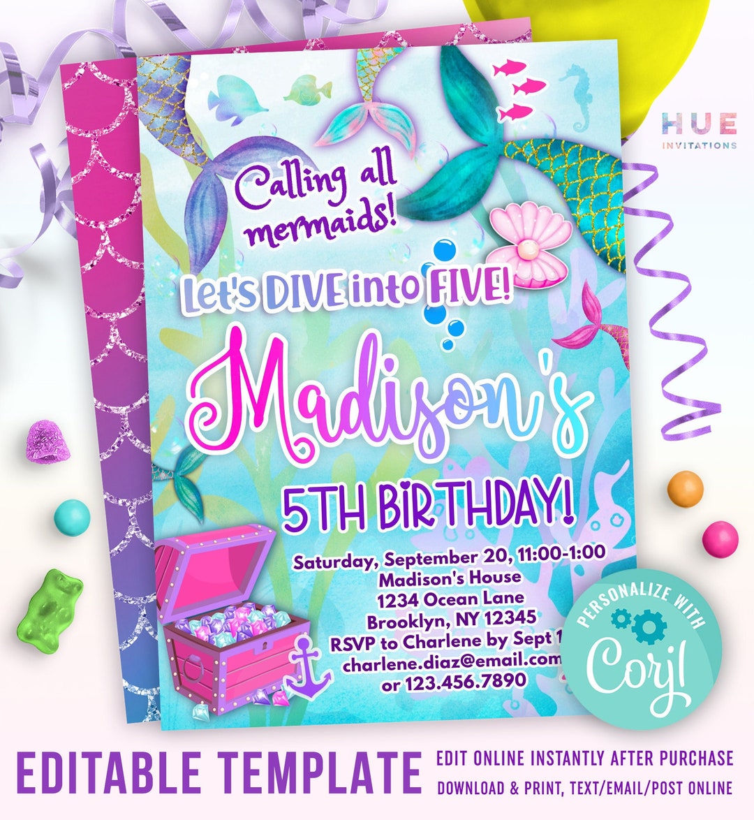 Mermaid Dive Into Five Invitation | Under the Sea 5th Birthday Party ...