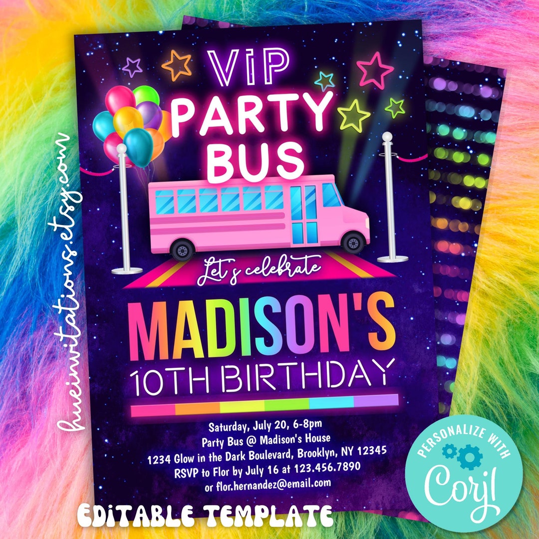 VIP Party Bus Invitation Editable Template | Rainbow Pink Party Bus ...