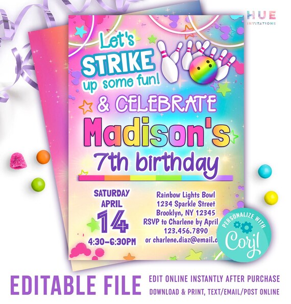 Printable Girls Bowling Party Invitations