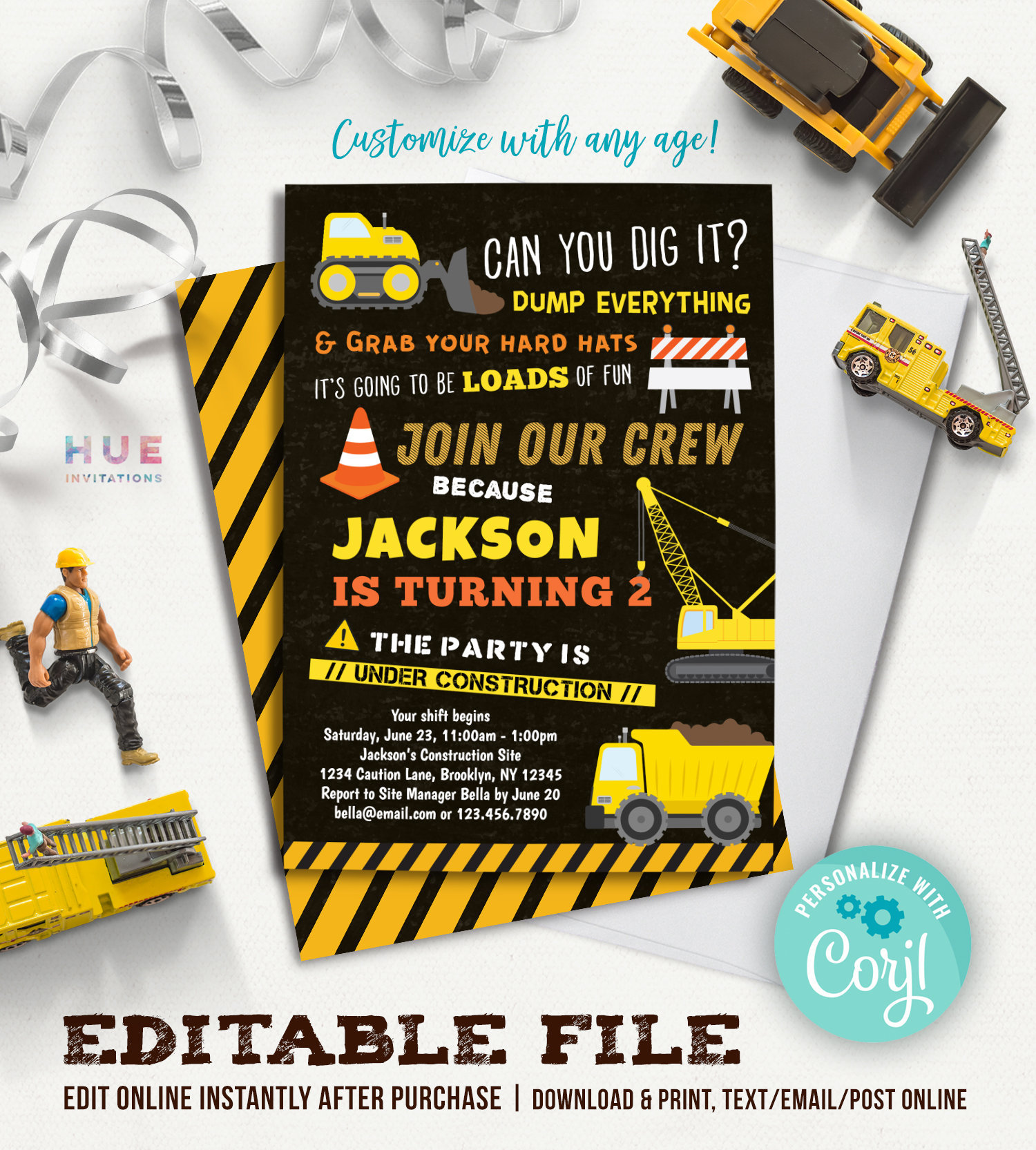 Construction Party 2nd Birthday Invitation Corjl Template | Boys Dump ...