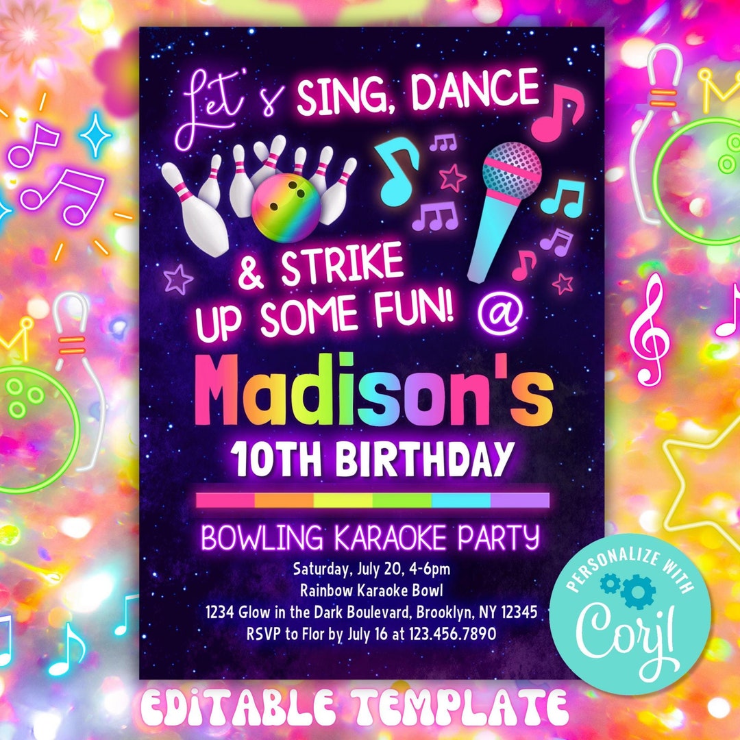 Bowling Karaoke Birthday Party Invitation Editable Template | Rainbow ...