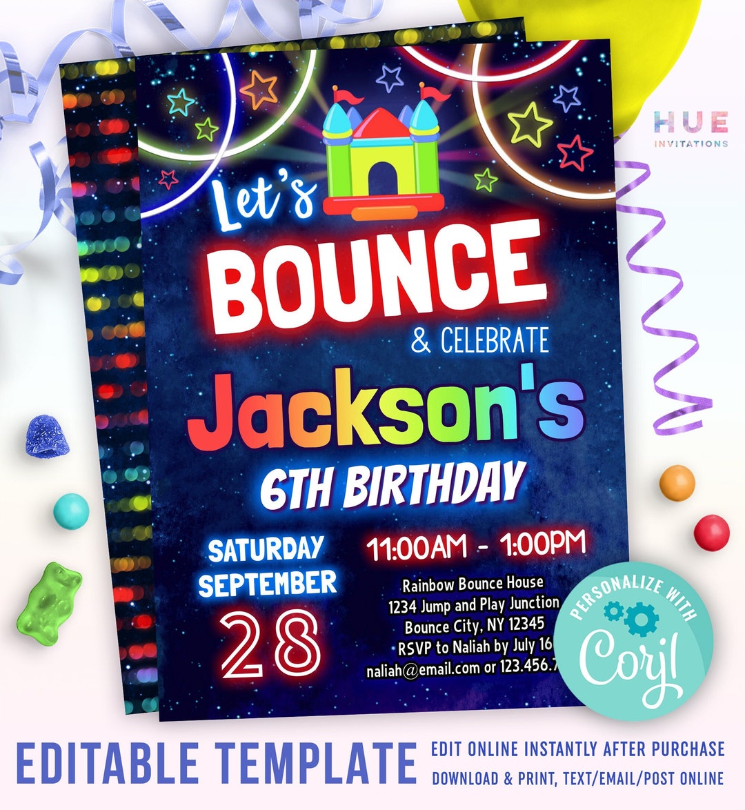 Boys Bounce House Birthday Party Invitation Let's Bounce and Play ...