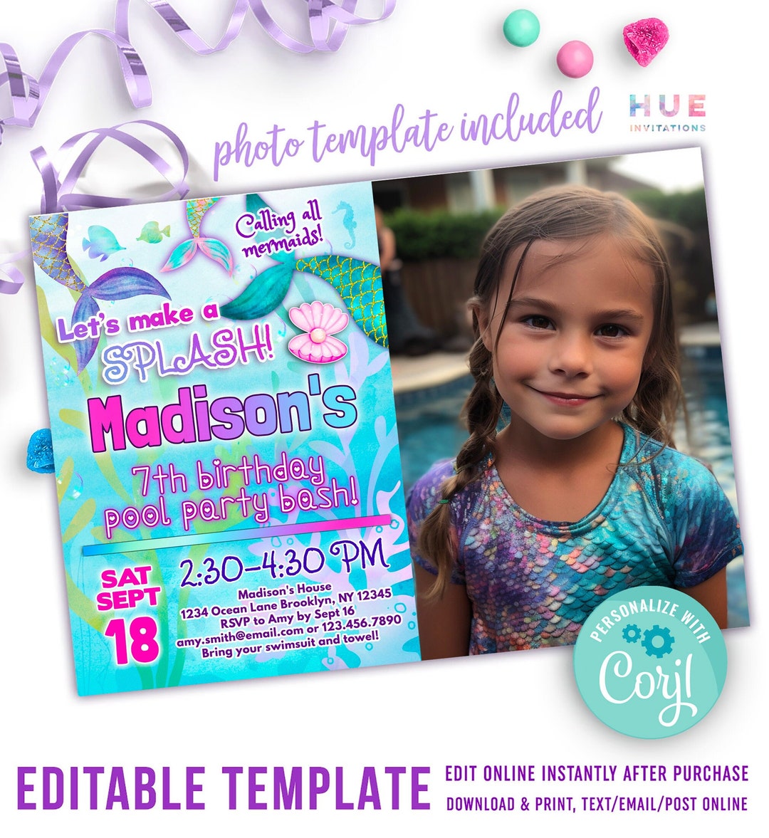 Editable Mermaid Pool Party Invitation With a Photo | Under the Sea ...