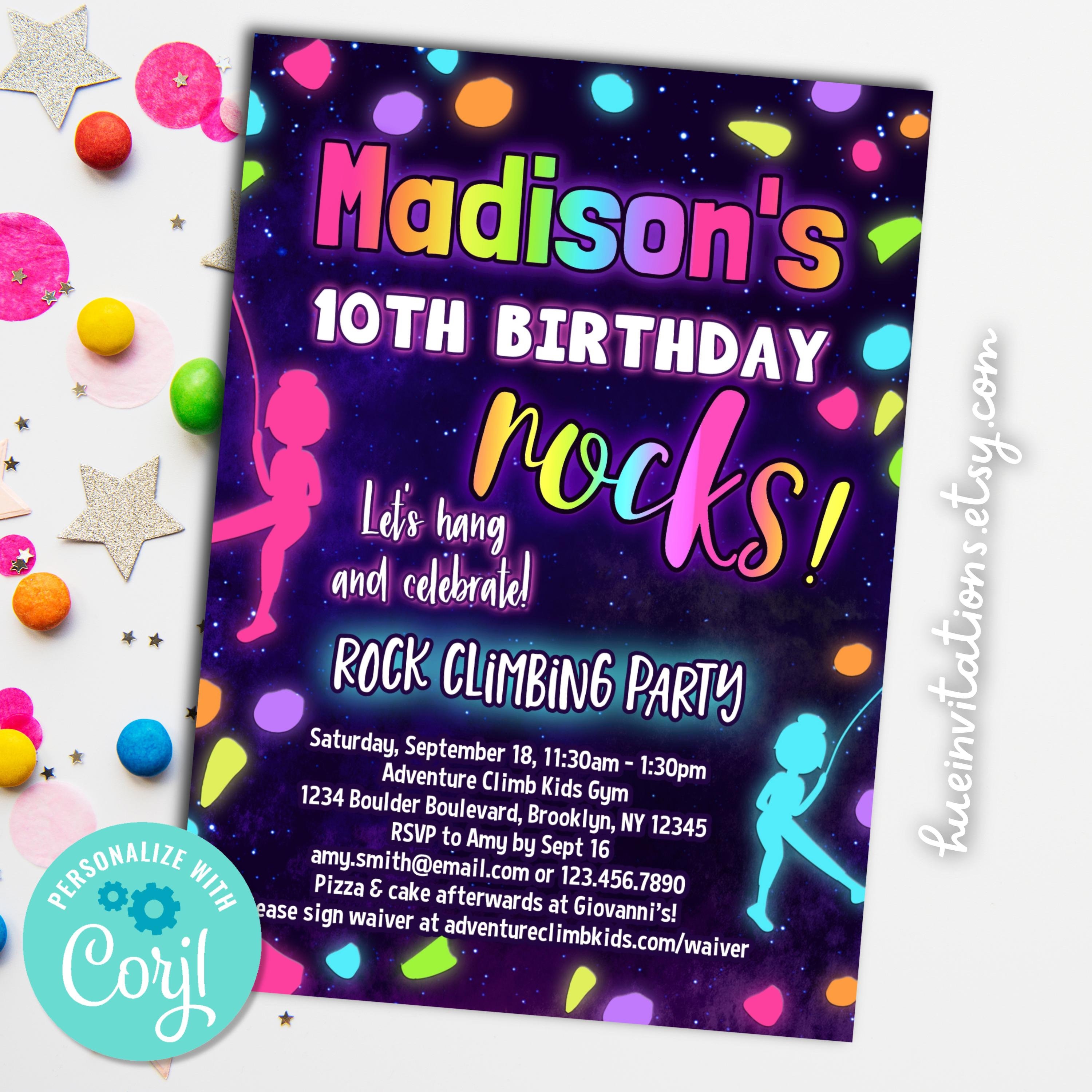 Rock Climbing Birthday Party Invitation Editable Template | Girls Rock ...