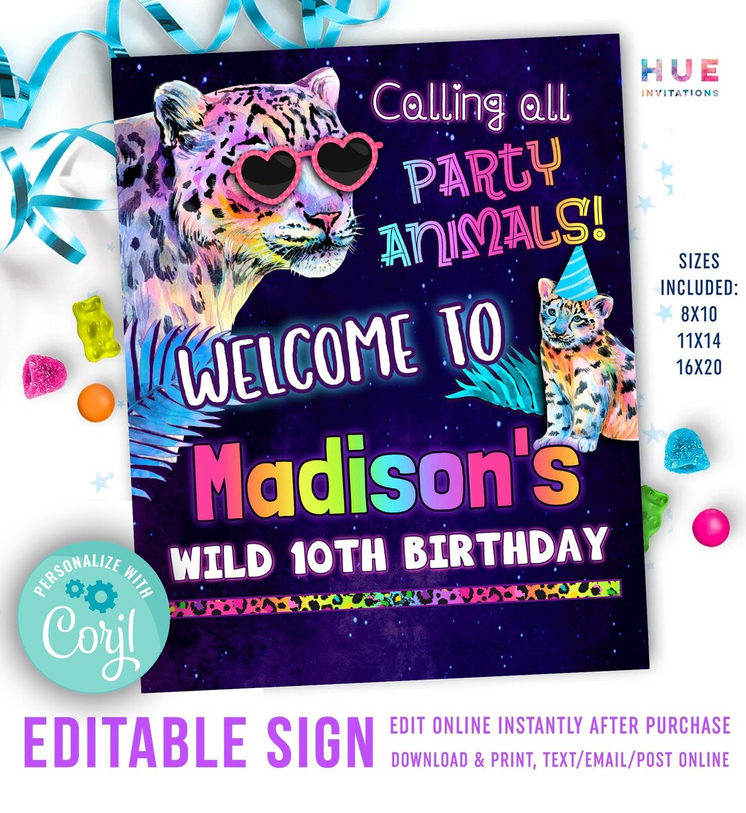 Editable Welcome Sign for Girls Leopard Birthday Party | Rainbow ...