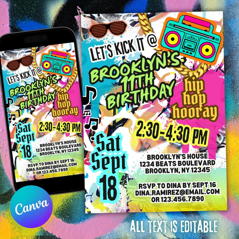 Hip Hop Birthday Party Invitation for Kids Editable With Canva | Retro ...