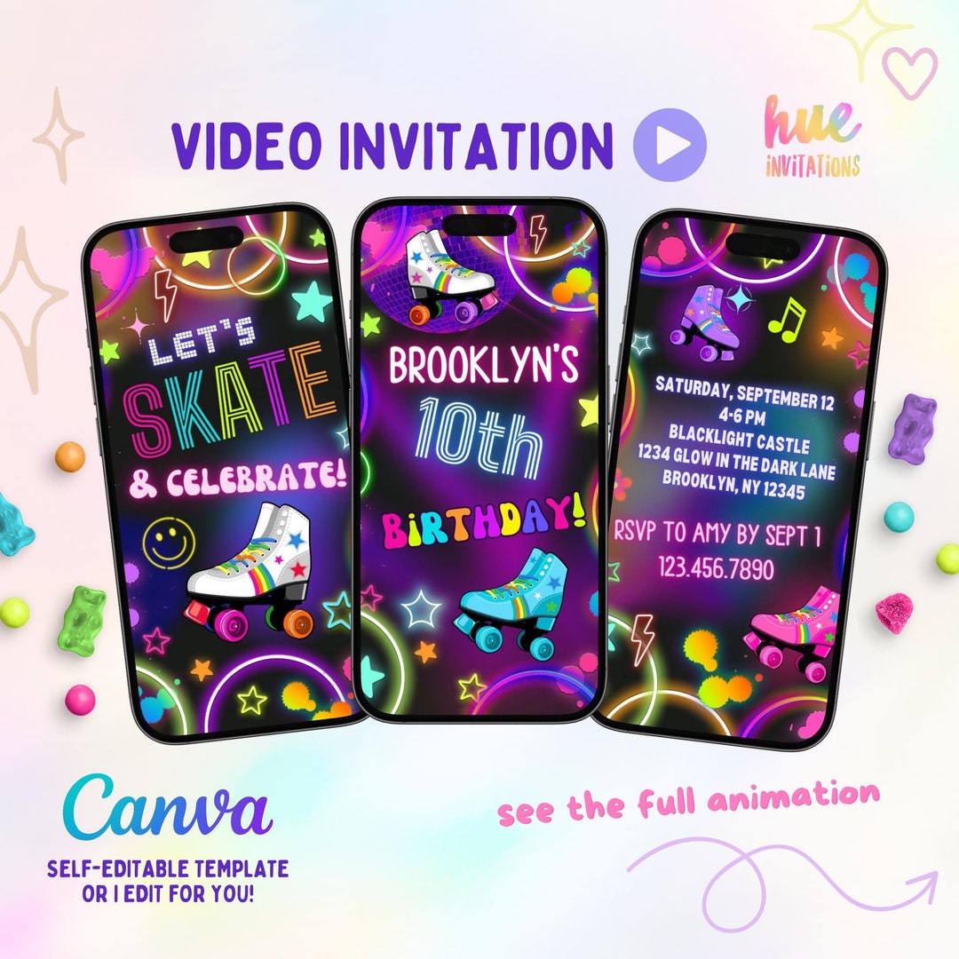 Skate Party Birthday Invitation VIDEO | Groovy Roller Disco Animated ...