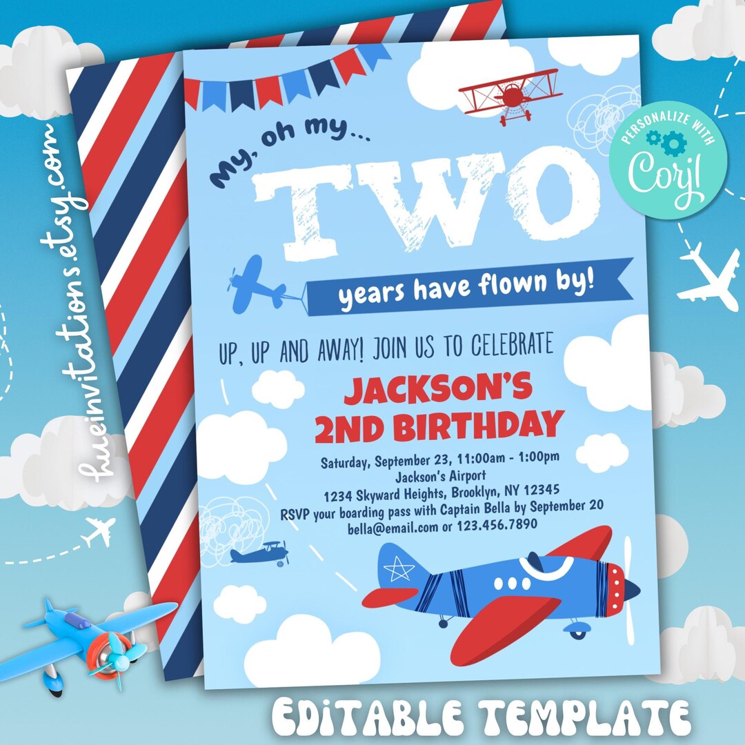 Airplane 2nd Birthday Invitation | Boys Plane Party TWO Invitation ...