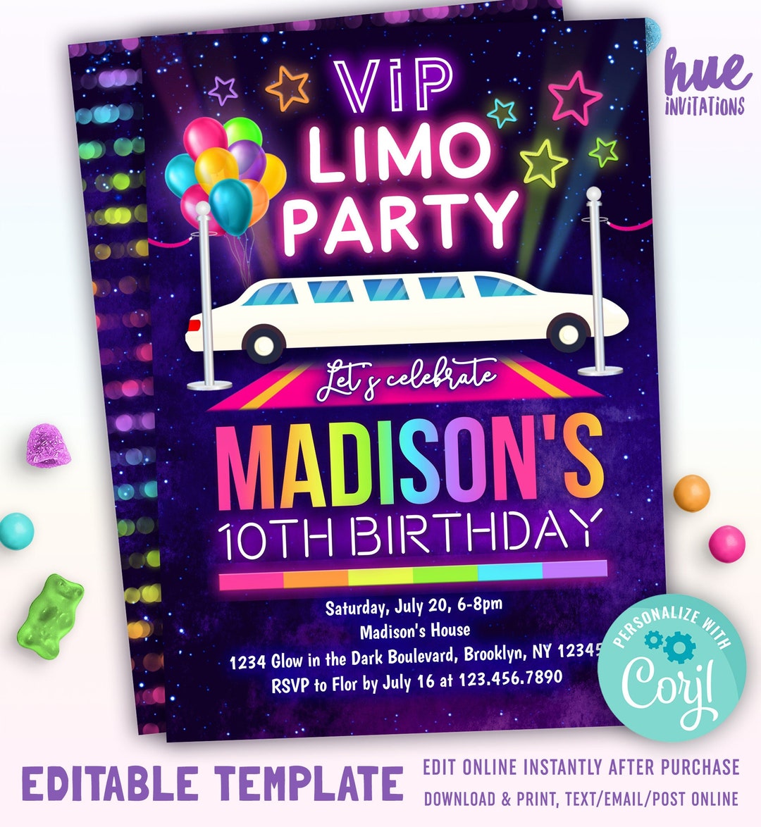 White Limo Party Invitation for Kids Rainbow VIP Limousine Birthday ...