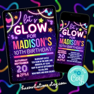 Neon Glow Party Invitation for Kids | Rainbow Glow in the Dark Theme ...