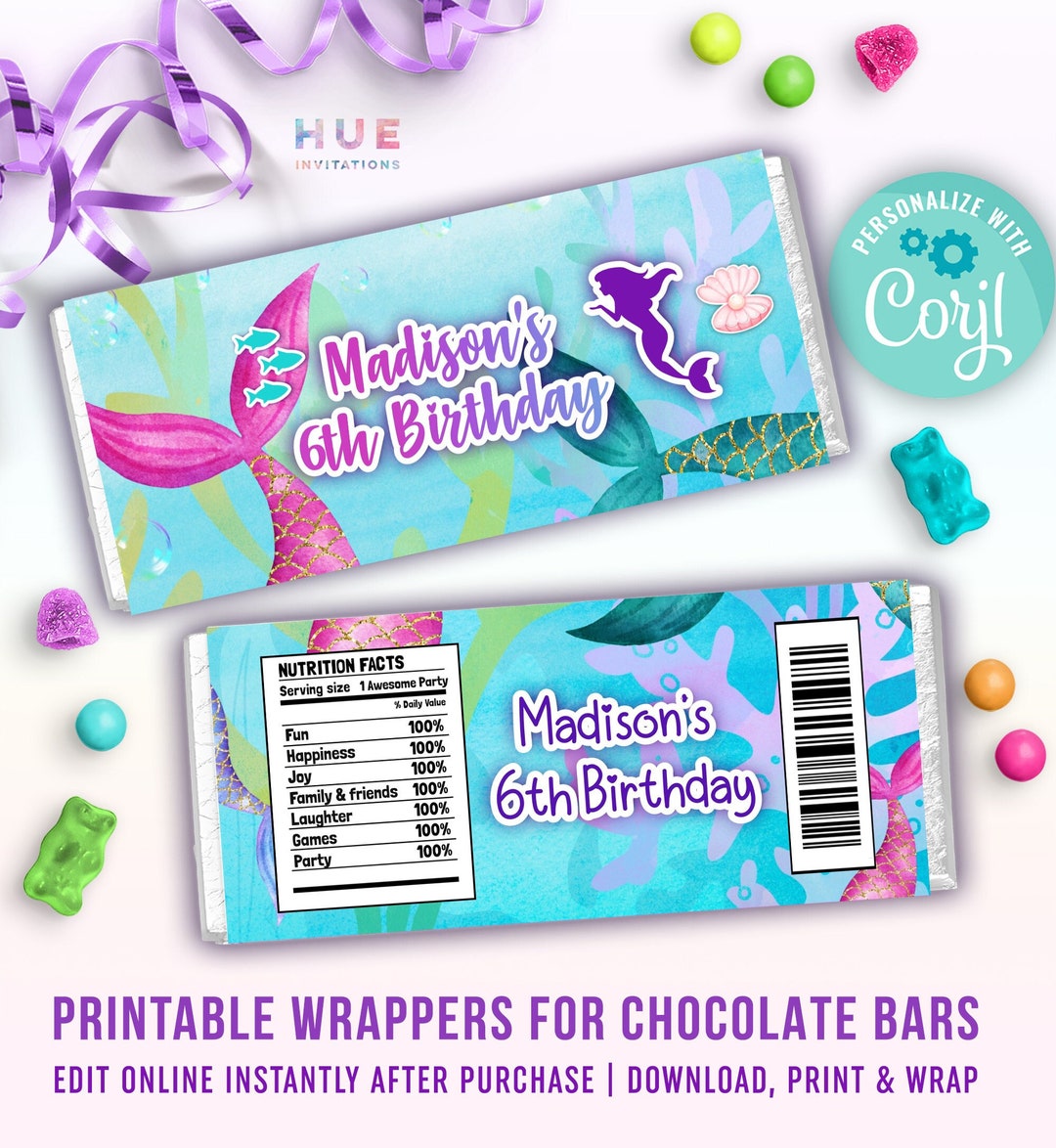 Mermaid Party Chocolate Bar Wrappers Editable Template | Cute Under the ...