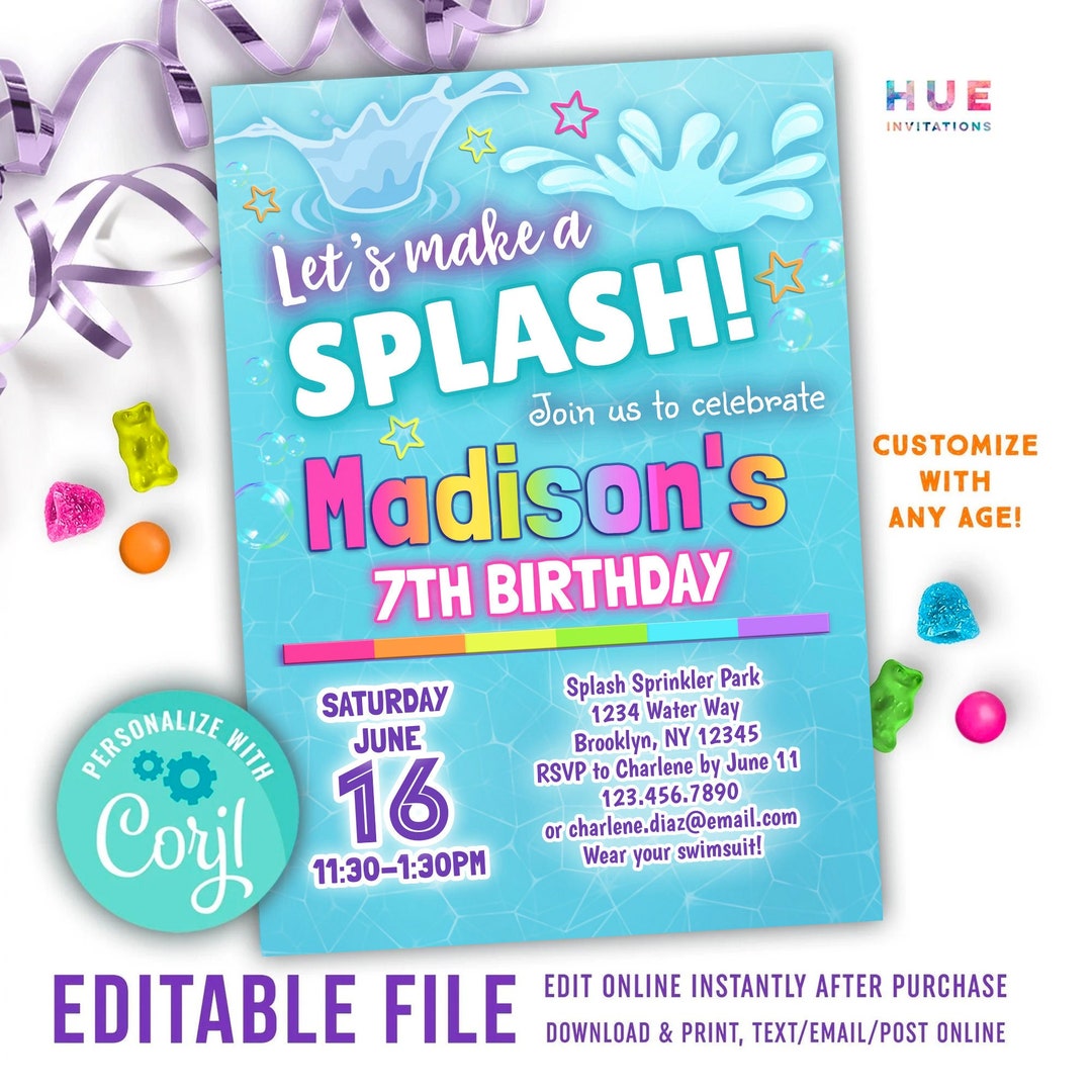 Editable Splash Pad Party Invitation Template | Girls Sprinkler Park ...
