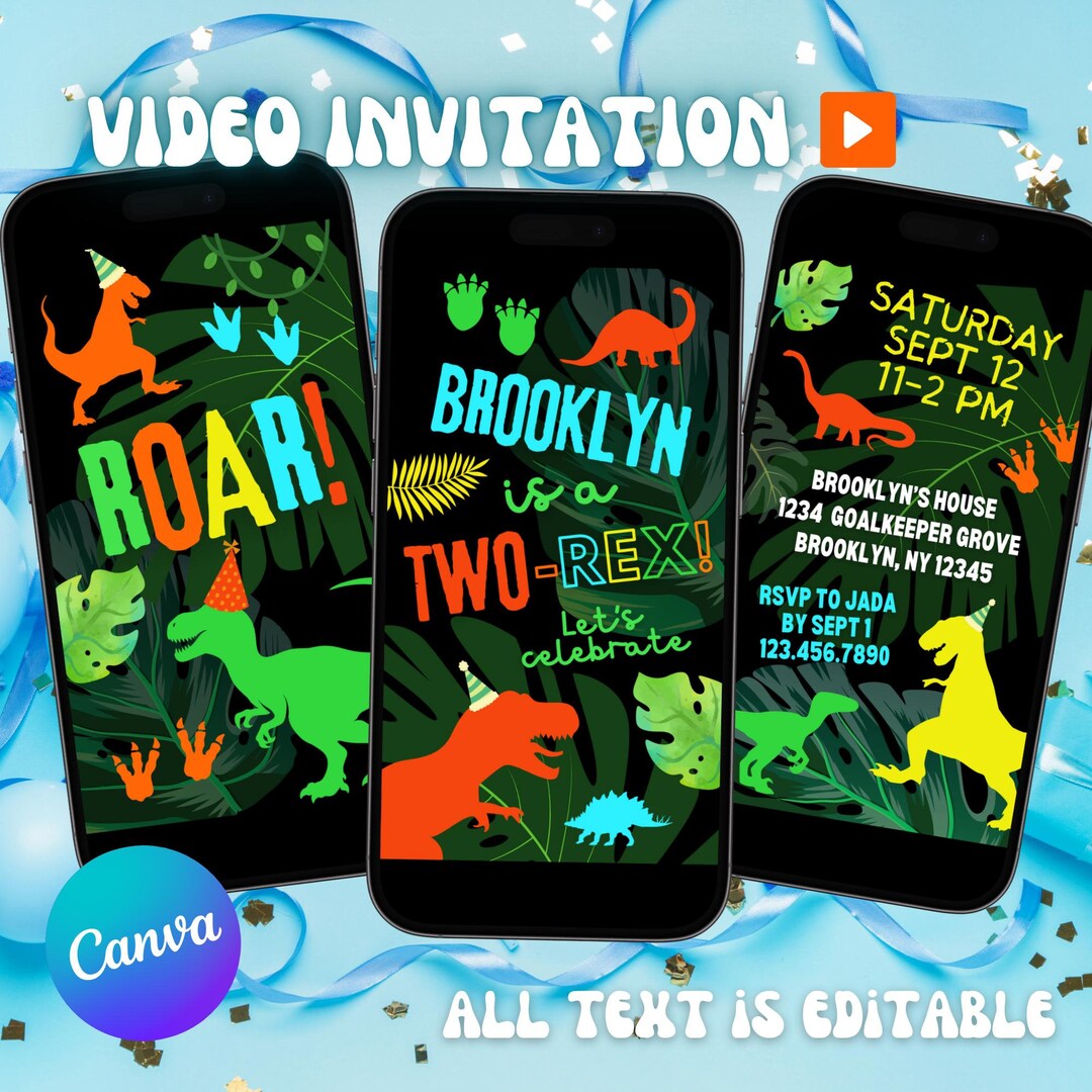Two-rex 2nd Birthday Video Invitation | Roar Dinosaur Theme Birthday ...