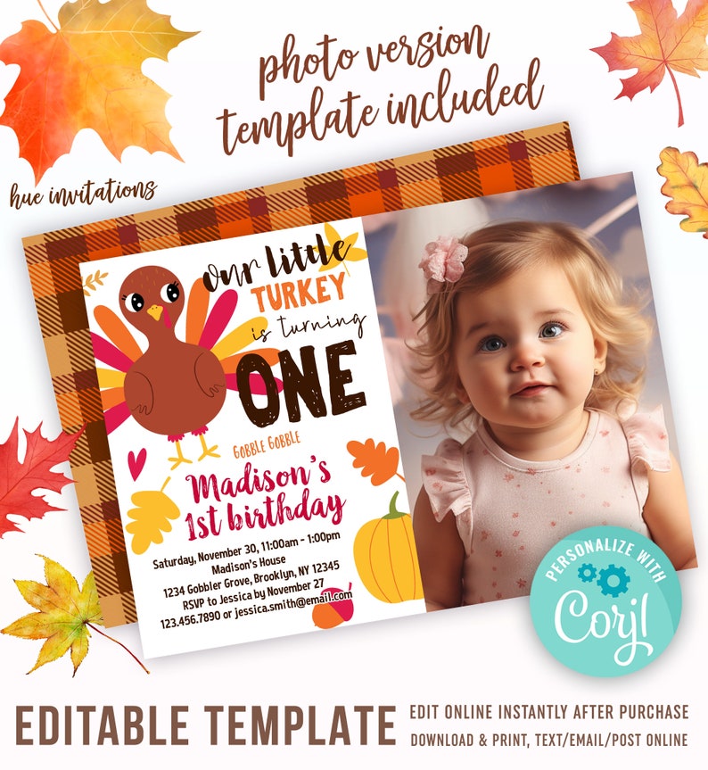 Turkey 1st Birthday Invitation Editable Template | ONE Thanksgiving ...