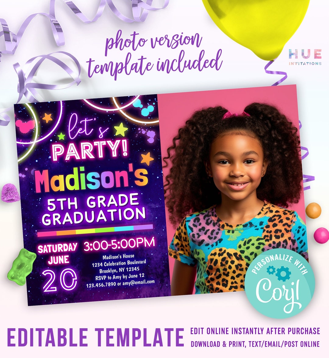 5th Grade Graduation Party Invitation With a Photo | Neon Rainbow End ...