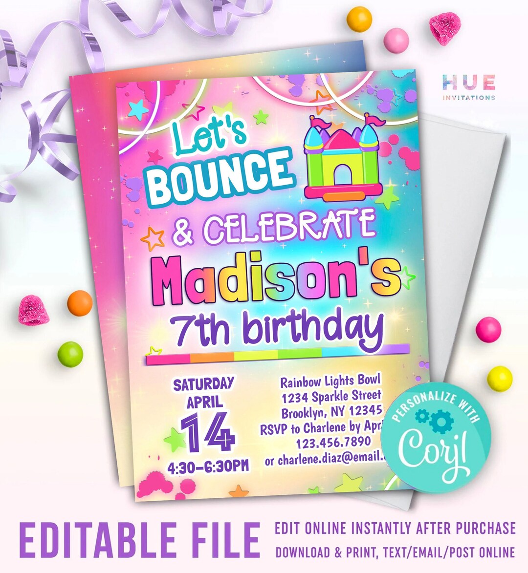 Rainbow Bounce House Birthday Invitation Editable Template Bounce ...