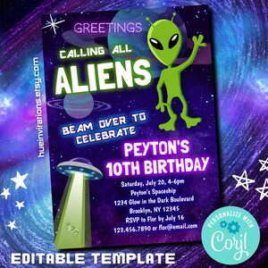 Ufo Alien Birthday Party Invitation Editable Template | Outer Space ...