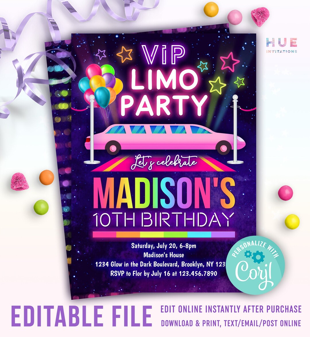 Pink Limo Party Invitation Editable Template Rainbow VIP Limousine ...