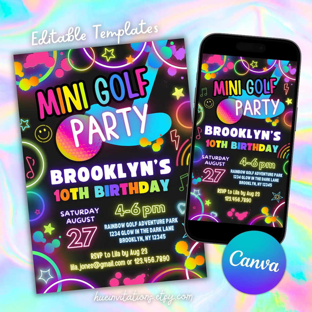 Glow Mini Golf Birthday Invitation for Girls Editable With Canva | Neon ...