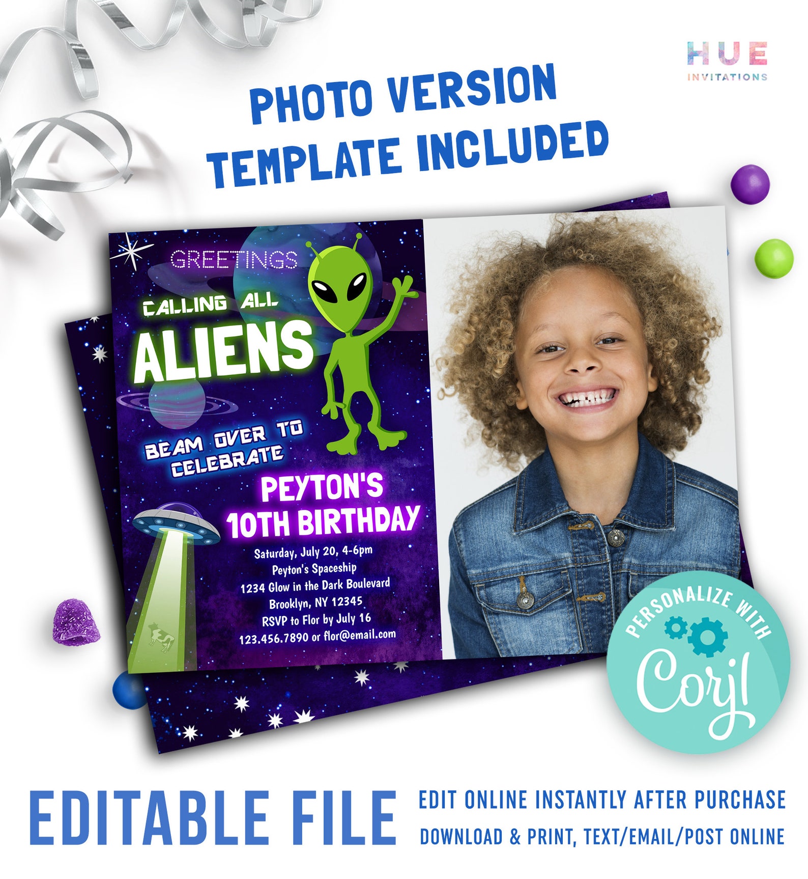 Ufo Alien Birthday Party Invitation Editable Template | Outer Space ...