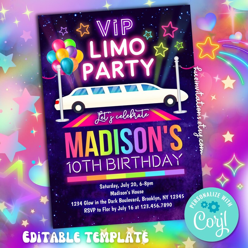 White Limo Party Invitation for Kids | Rainbow VIP Limousine Birthday ...