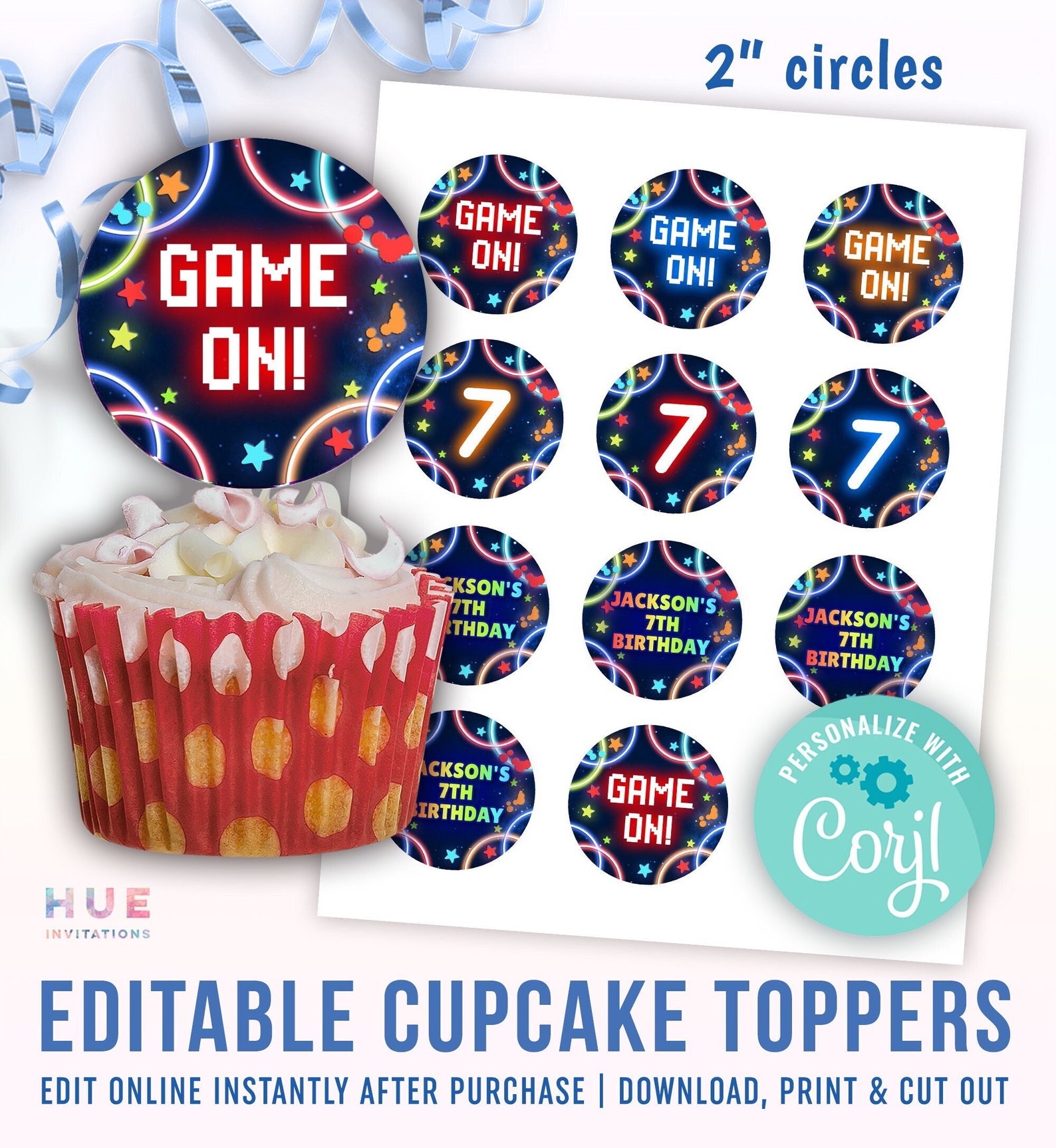 Boys Arcade Party Cupcake Toppers Editable Template | Printable Glow ...
