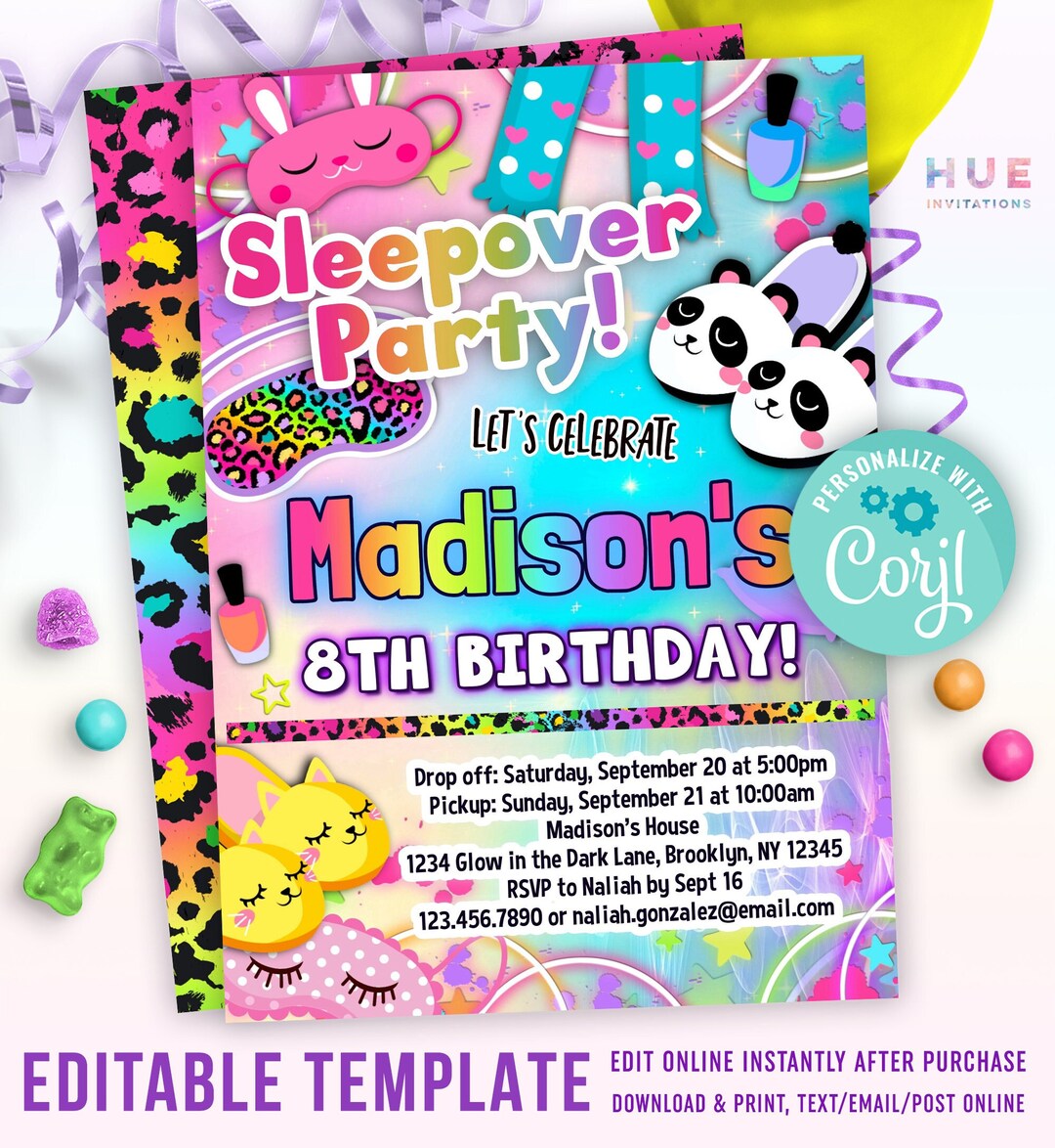 Leopard Sleepover Birthday Party Invitation Editable Template | Rainbow ...