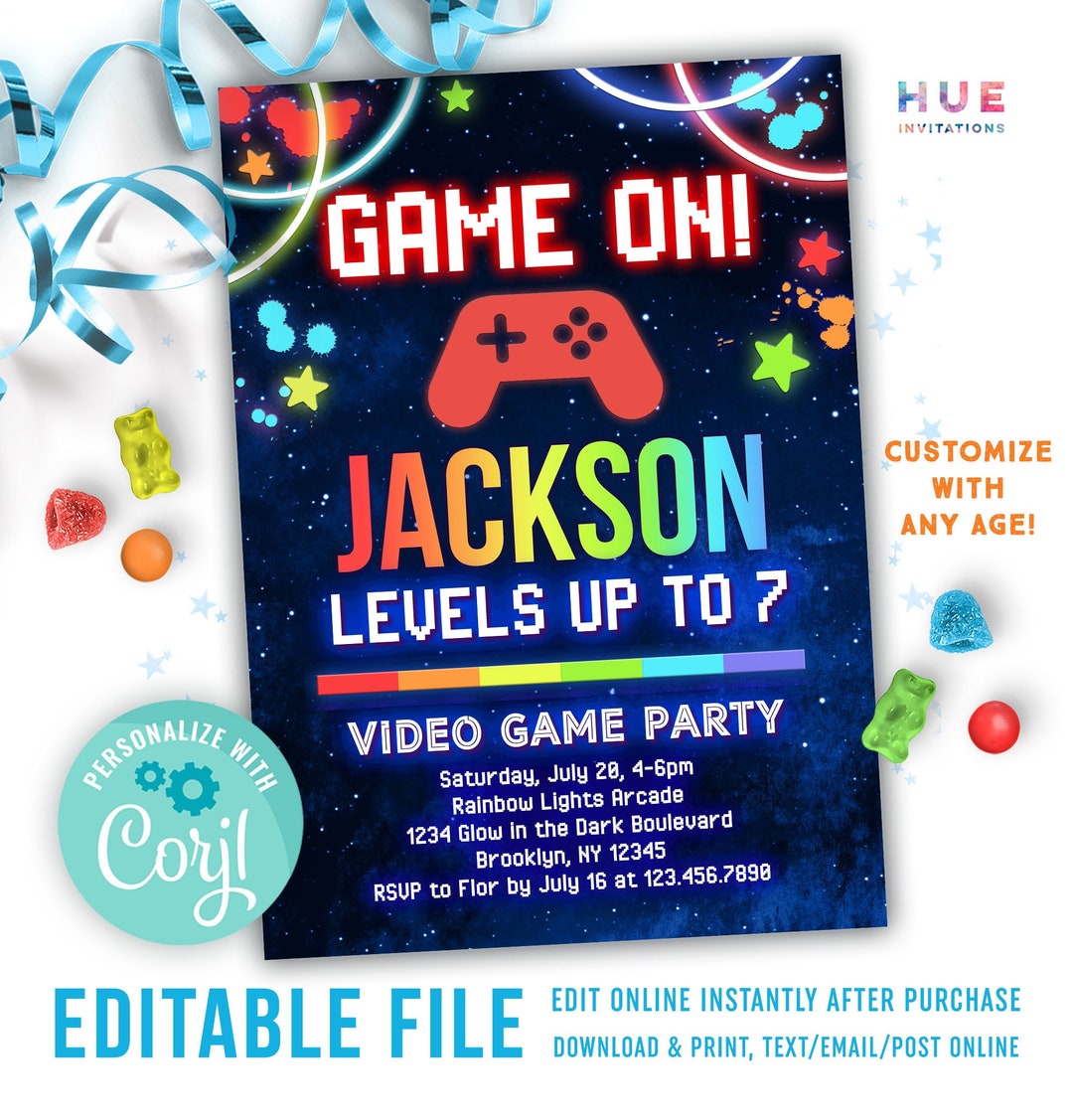 Video Game Invitation Corjl Template Printable Rainbow Video Game ...