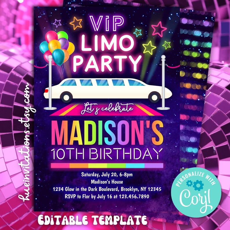 White Limo Party Invitation for Kids | Rainbow VIP Limousine Birthday ...
