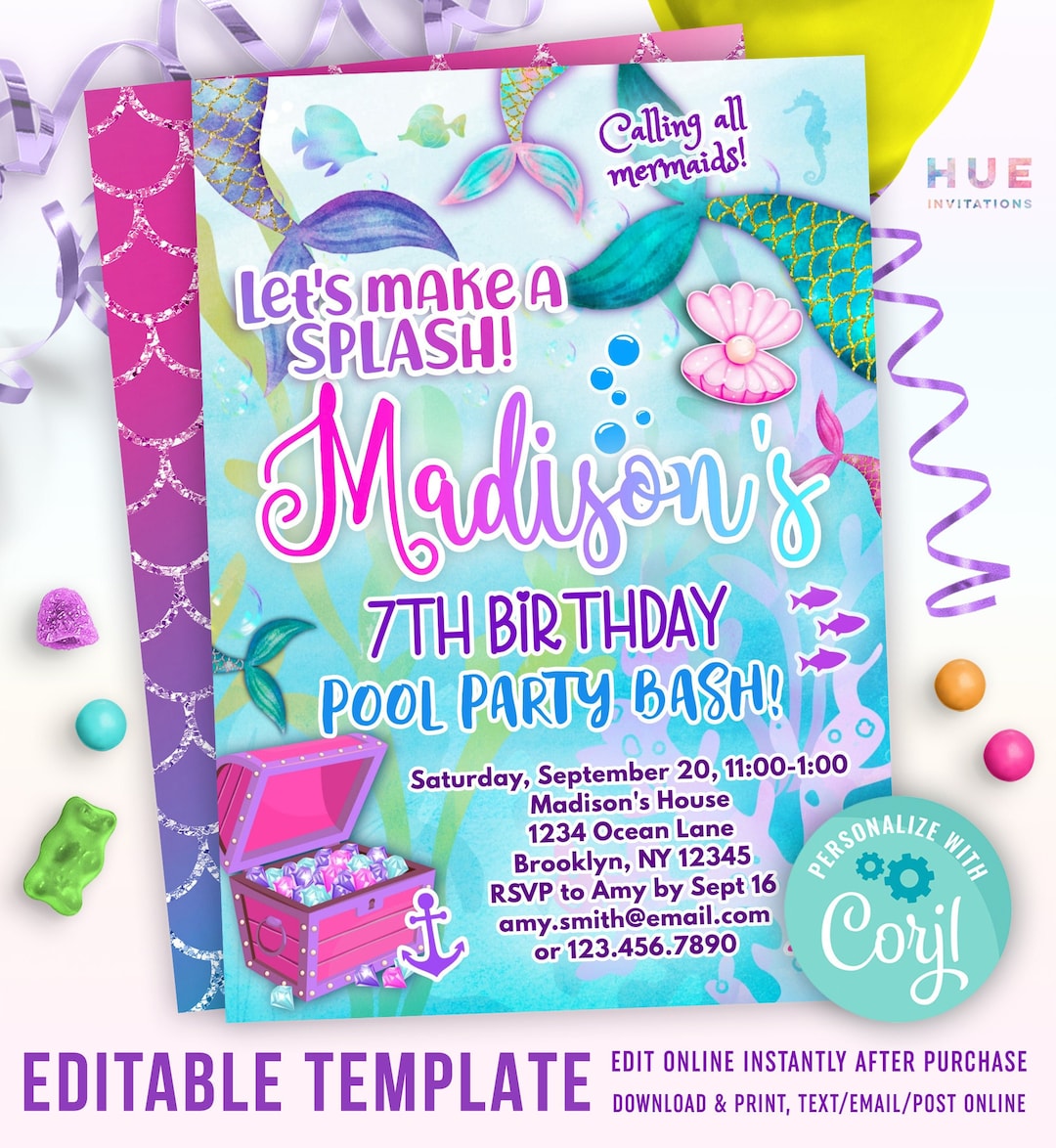 Mermaid Pool Party Birthday Invitation Template | Under the Sea Cute ...