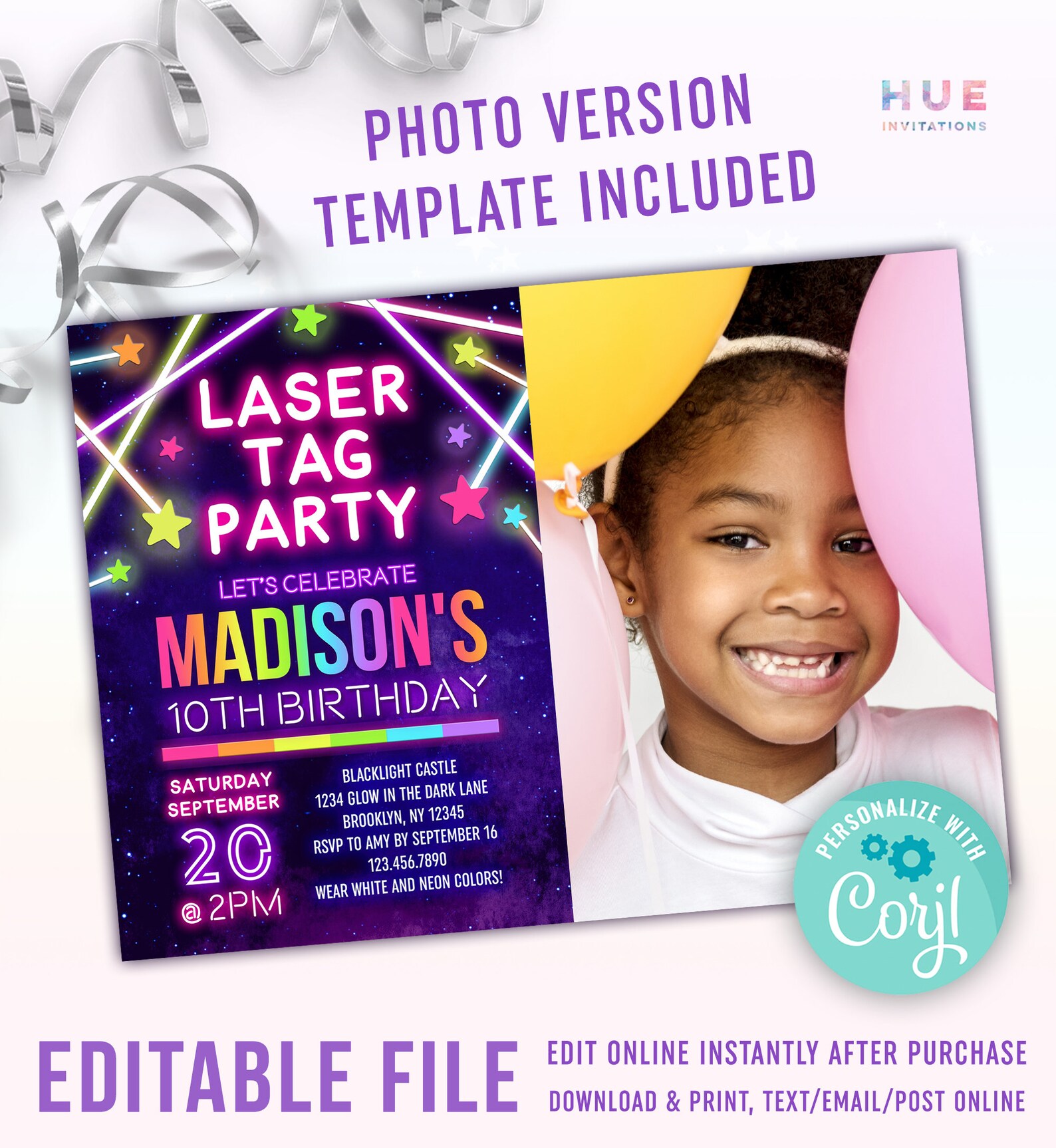 Girls Laser Tag Party Birthday Invitation Editable Instant - Etsy