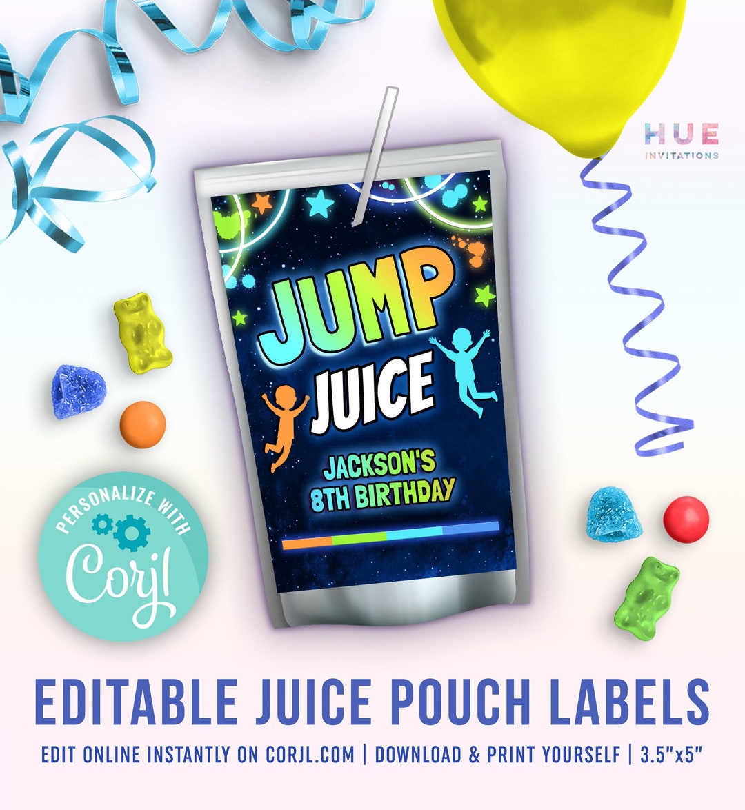 Boys Jump Party Juice Pouch Labels Editable Template | Blue Green ...