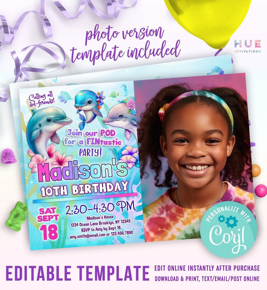 Dolphin Birthday Invitation With a Photo | Under the Sea Dolphins ...