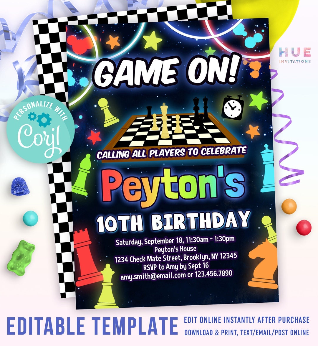 Chess Birthday Party Invitation for Kids | Chess Theme Invites for Boys ...