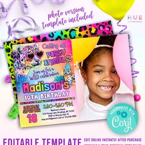 Cute Leopard Party Animal Birthday Party Invitation for Girls | Rainbow ...