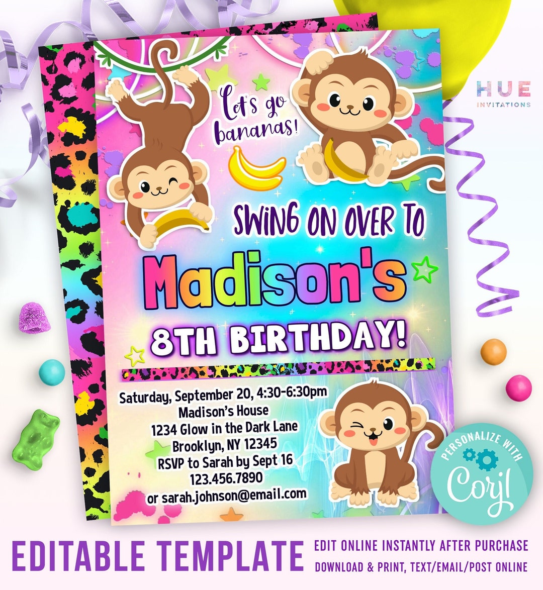 Girls Monkey Birthday Party Invitation Editable Template | Cute Monkey ...