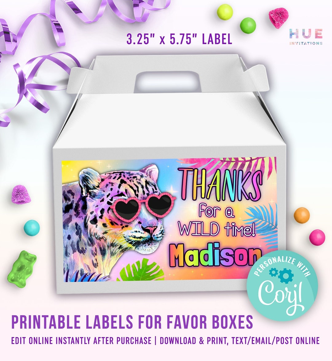 Rainbow Leopard Birthday Favor Box Labels Template | Neon Party Animal ...