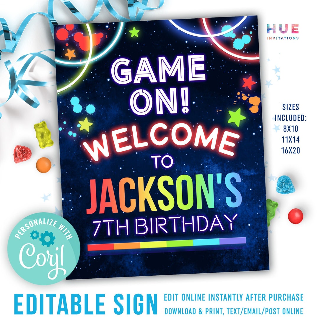 Printable Welcome Sign for Arcade Games Birthday Party Game on Glow ...