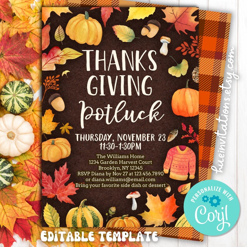 Cute Thanksgiving Potluck Invitation Editable Template | Fall Leaves ...